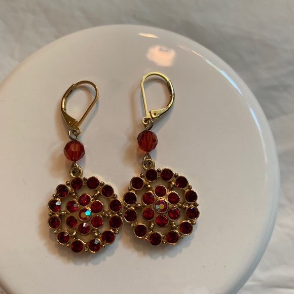 Jewelry | Red Crystal Gold Toned Medallion Earrings | Poshmark
